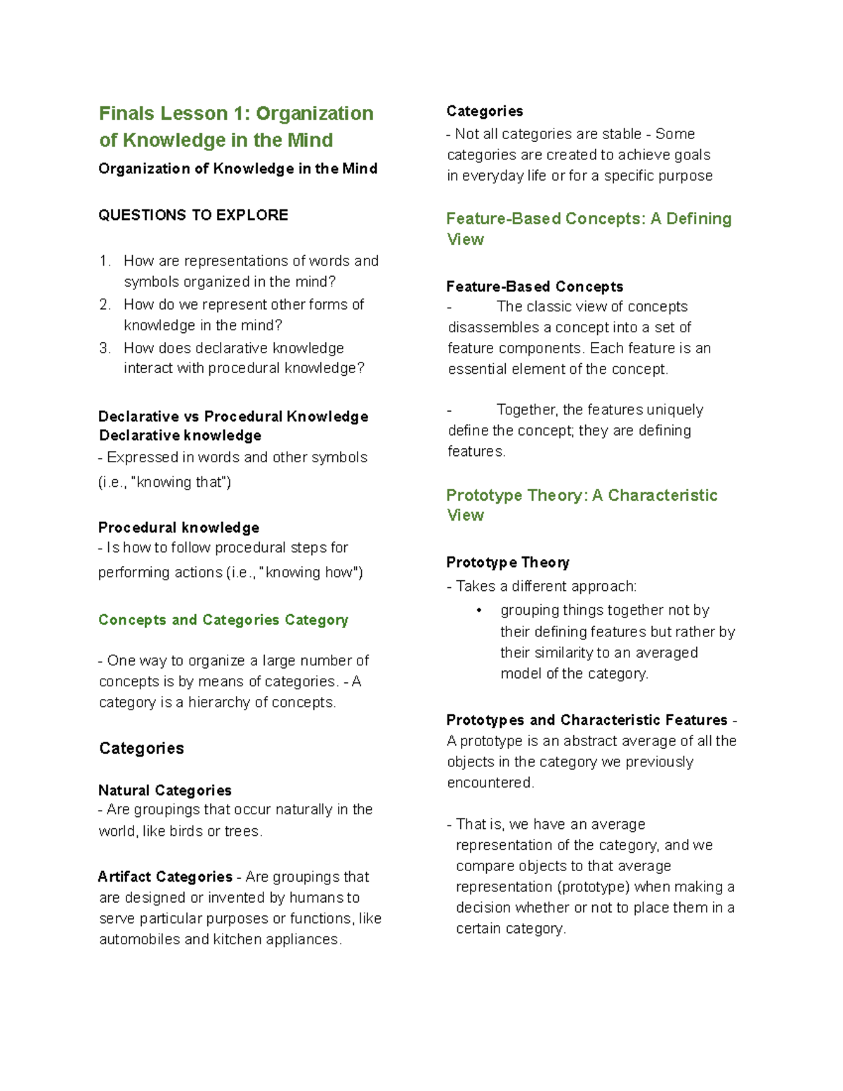 Cognitive Psychology - Organization of Knowledge in the Mind - Finals ...