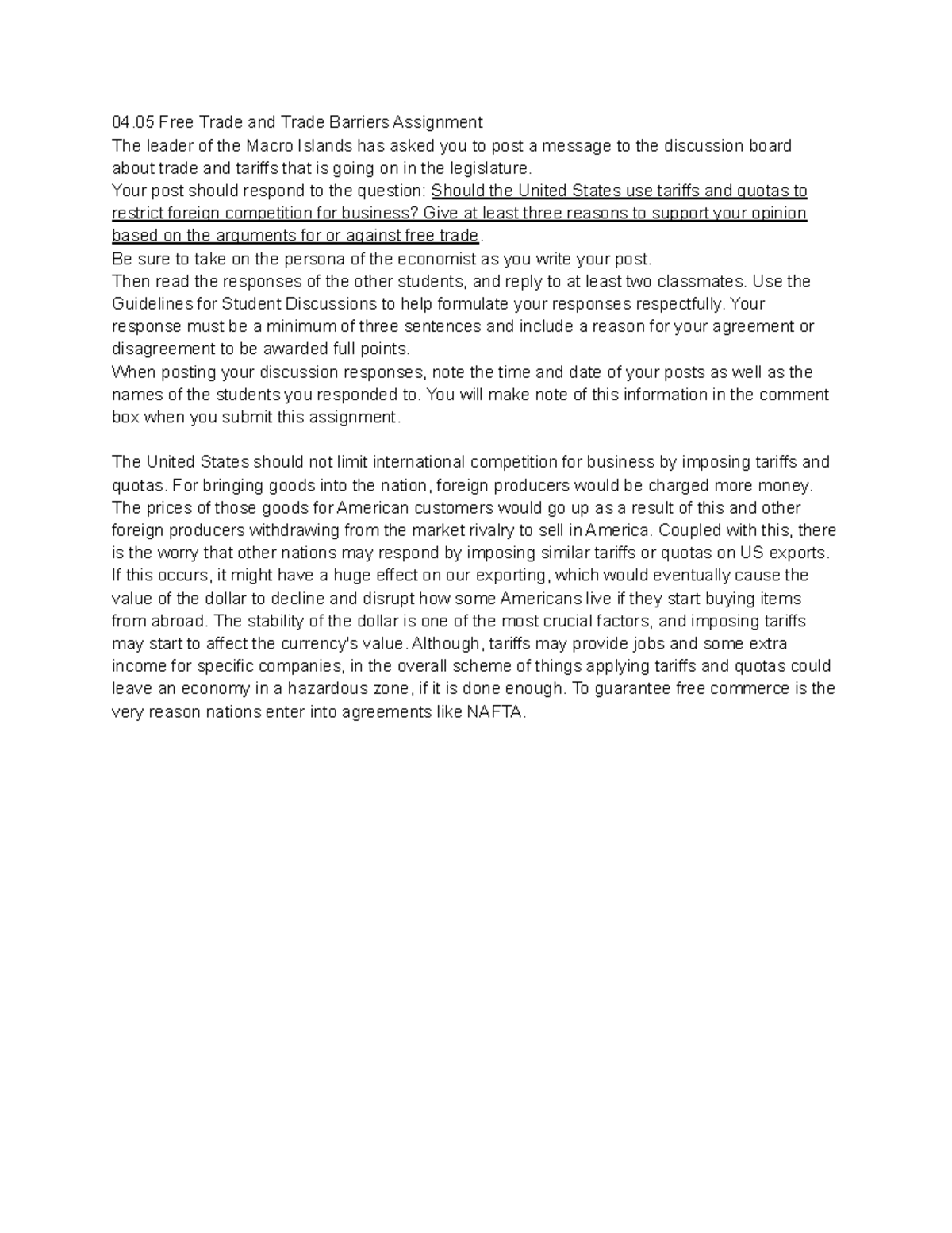 Free Trade and Trade Barriers Assignment - Your post should respond to ...