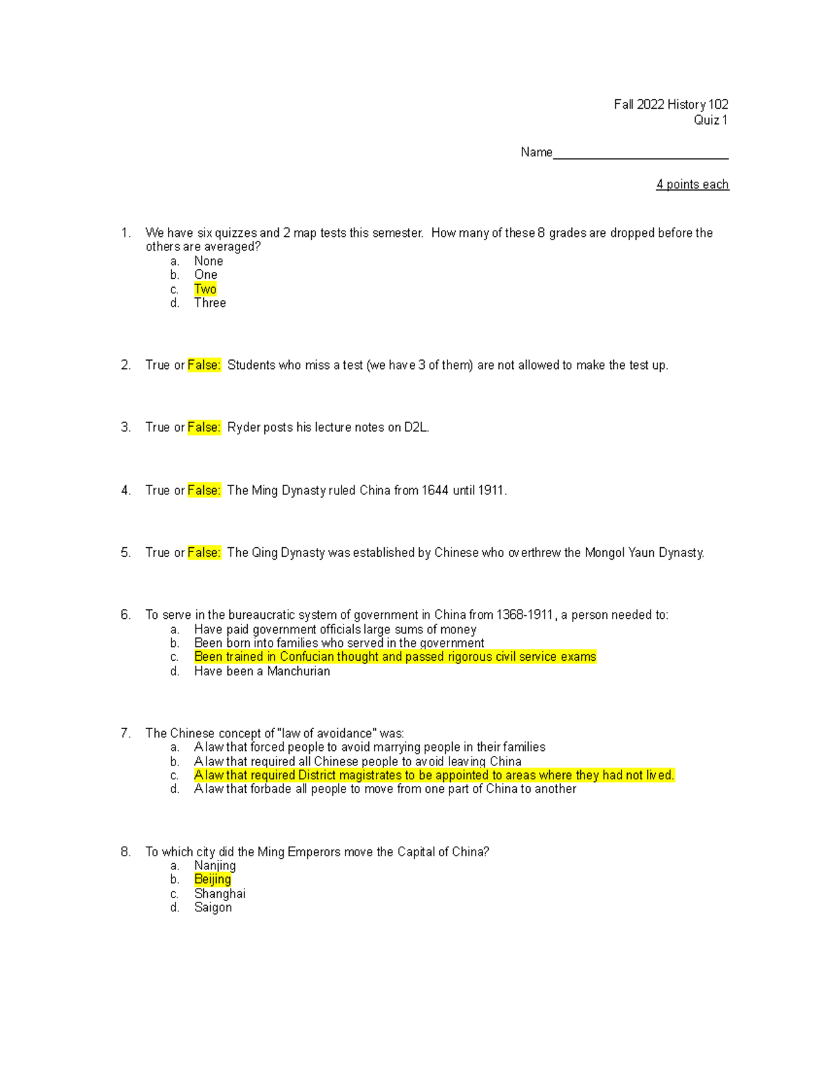 Fall 2022 History 102 quiz 1 - Fall 2022 History 102 Quiz 1 Name