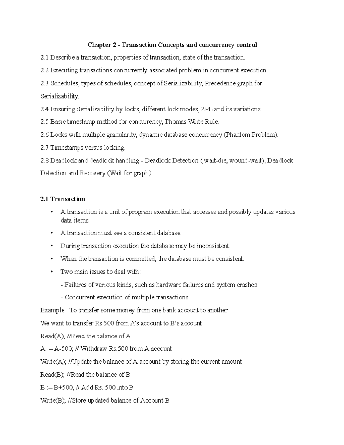 Chapter 2 rdbms - Chapter 2 - Transaction Concepts and concurrency control 2 Describe a ...