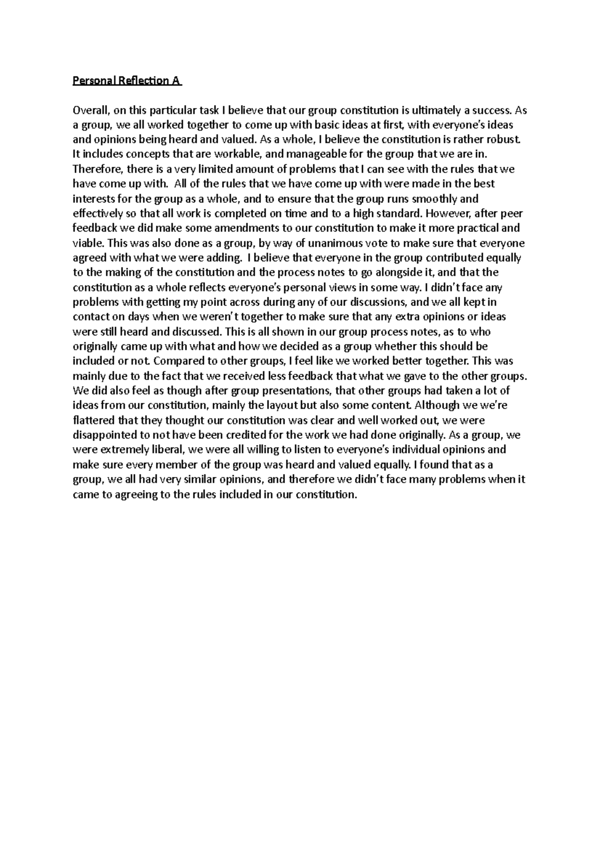 Personal Reflection A - Personal Reflection A Overall, on this ...