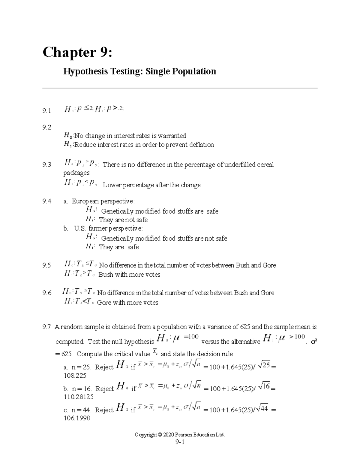 Newbold SBE9e ISM CH09 - Chapter 9: Hypothesis Testing: Single ...