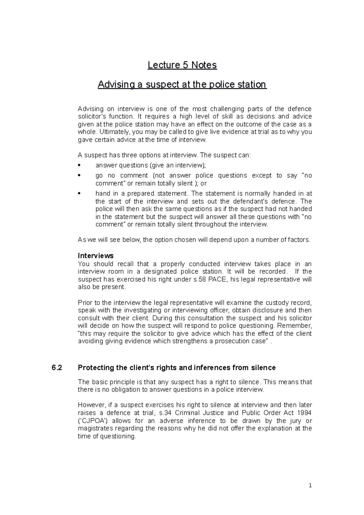 Lecture 5 Notes - Lecture 5 Notes Advising a suspect at the police ...