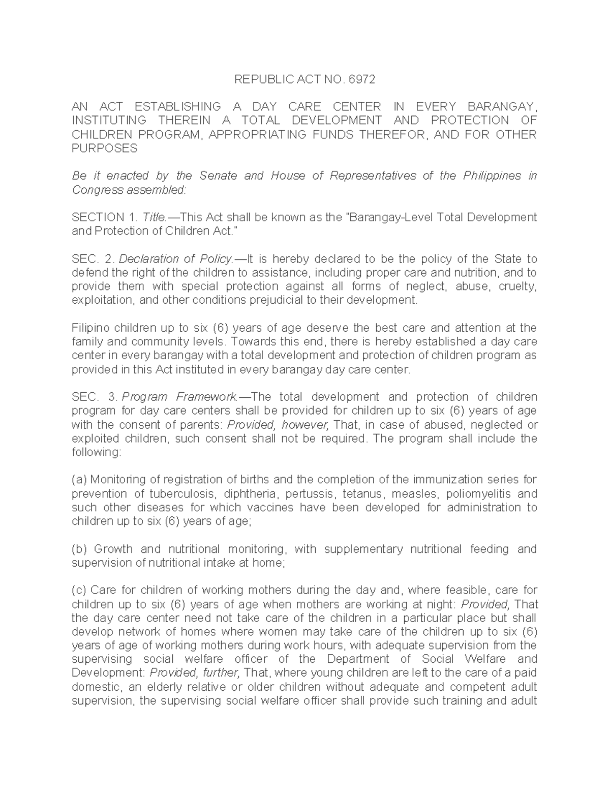 RA 6972 - RA 6972 - REPUBLIC ACT NO. 6972 AN ACT ESTABLISHING A DAY ...