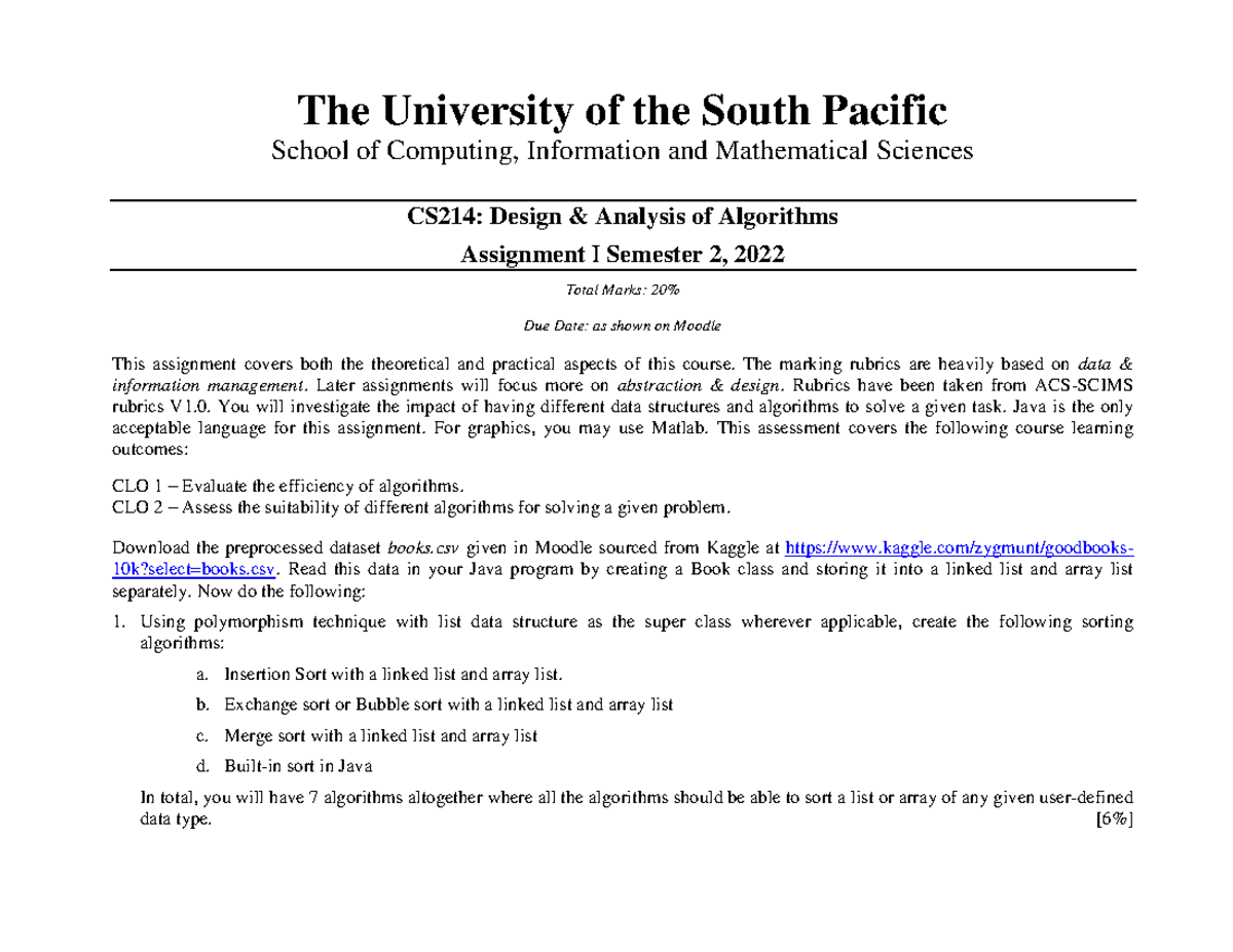 Assignment No 1 - 2022 - The University of the South Pacific School of Computing, Information ...