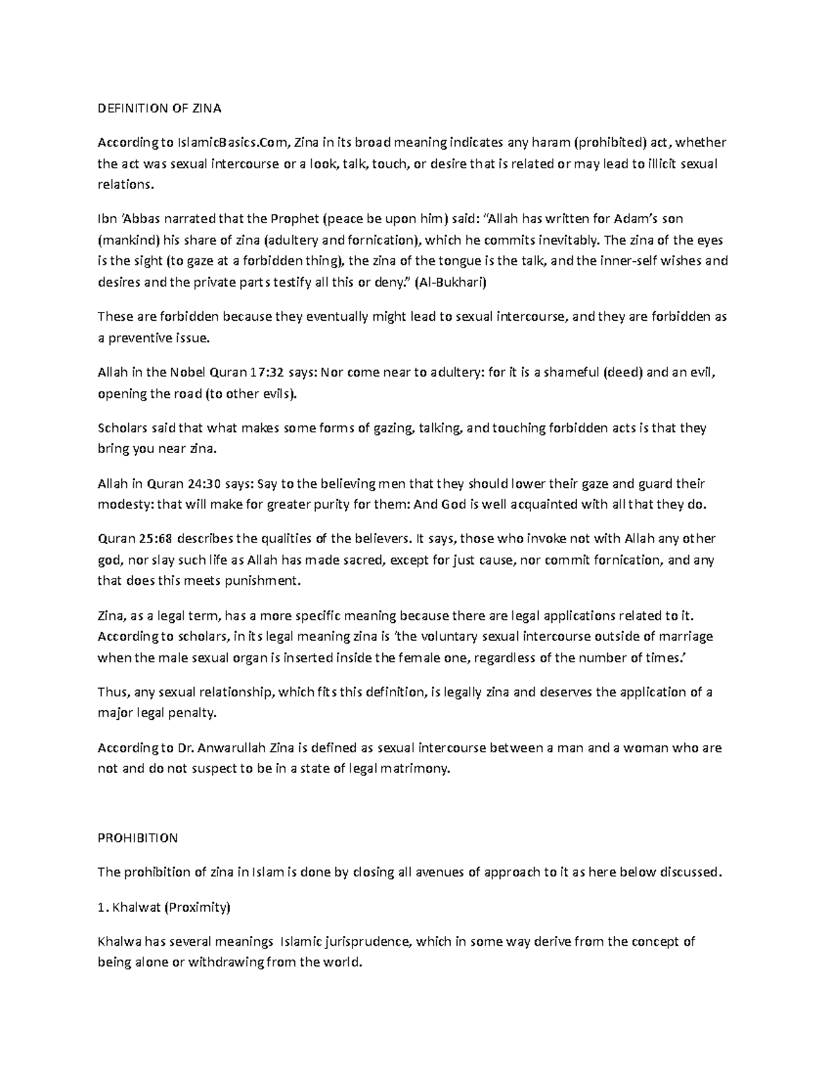 Group 2, Stream A Presentation - DEFINITION OF ZINA According to ...