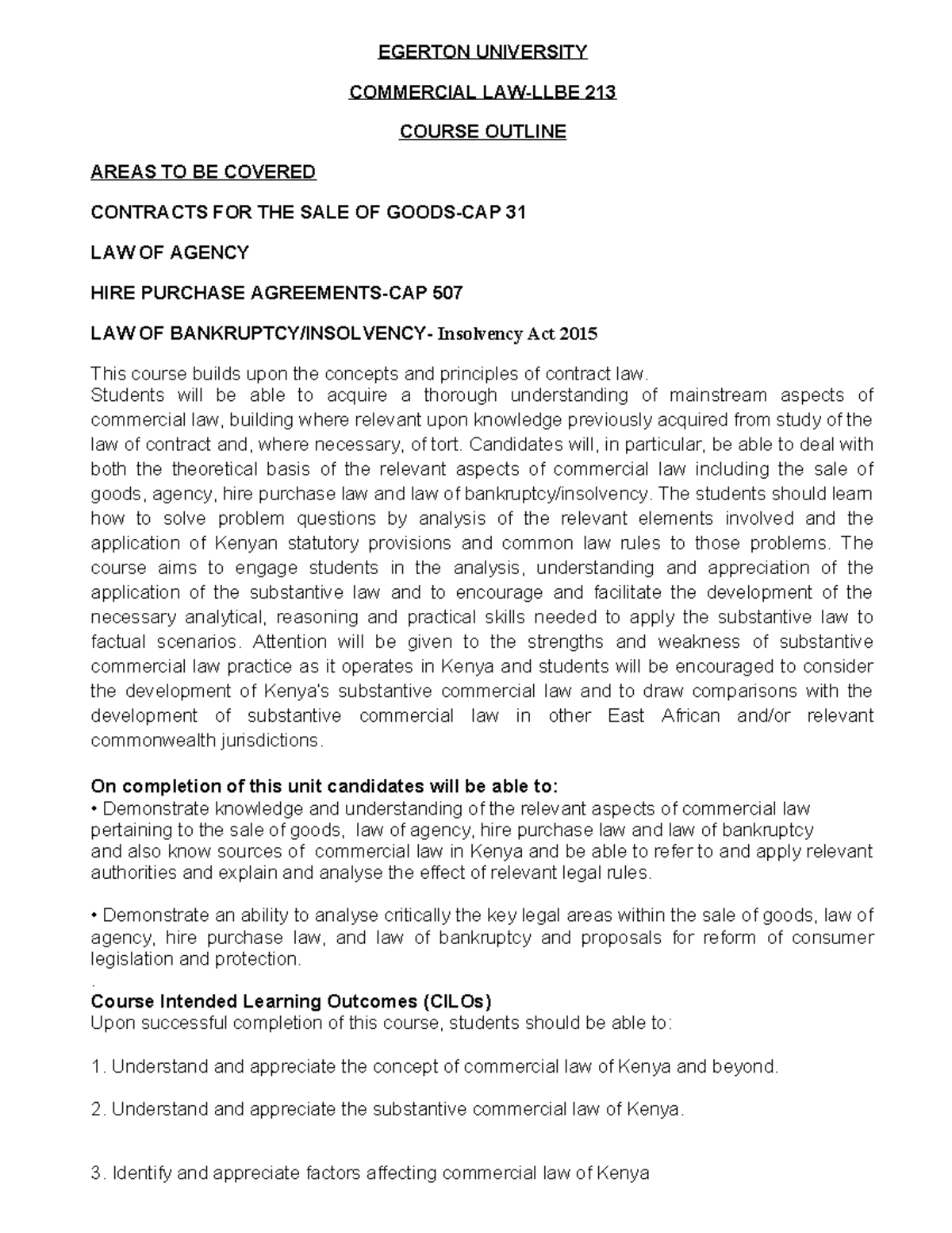 Commercial LAW- Course Outline - Ogeto - EGERTON UNIVERSITY COMMERCIAL ...