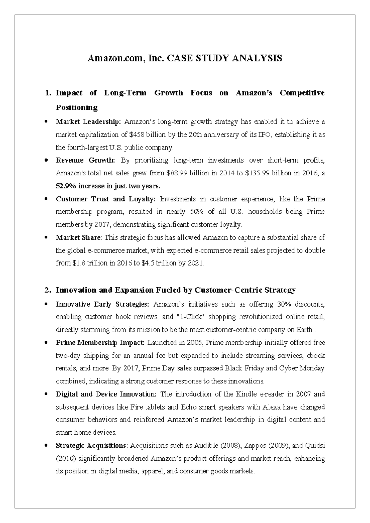 Amazon - CASE STUDY ANALYSIS 1. Impact of Long-Term Growth Focus on ...