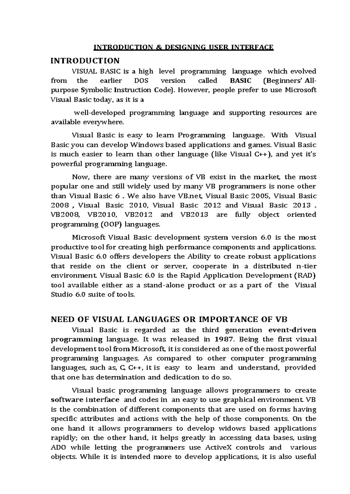 Visual Basic 60 Notes Introduction And Designing User Interface Introduction Visual Basic Is A 2134