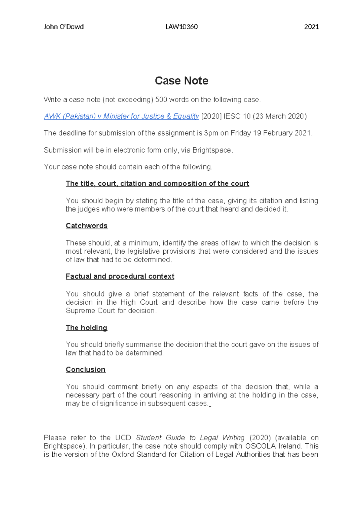 Case Note 2021 - Instructions for case note - John O’Dowd LAW10360 2021 ...