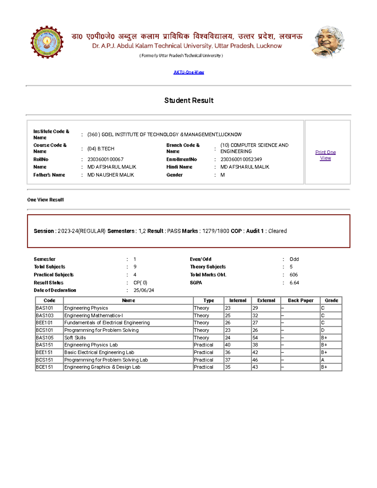 One View by AKTU SDC Team - AKTU-One-View Student Result Institute Code & Name : (360 ) GOEL ...