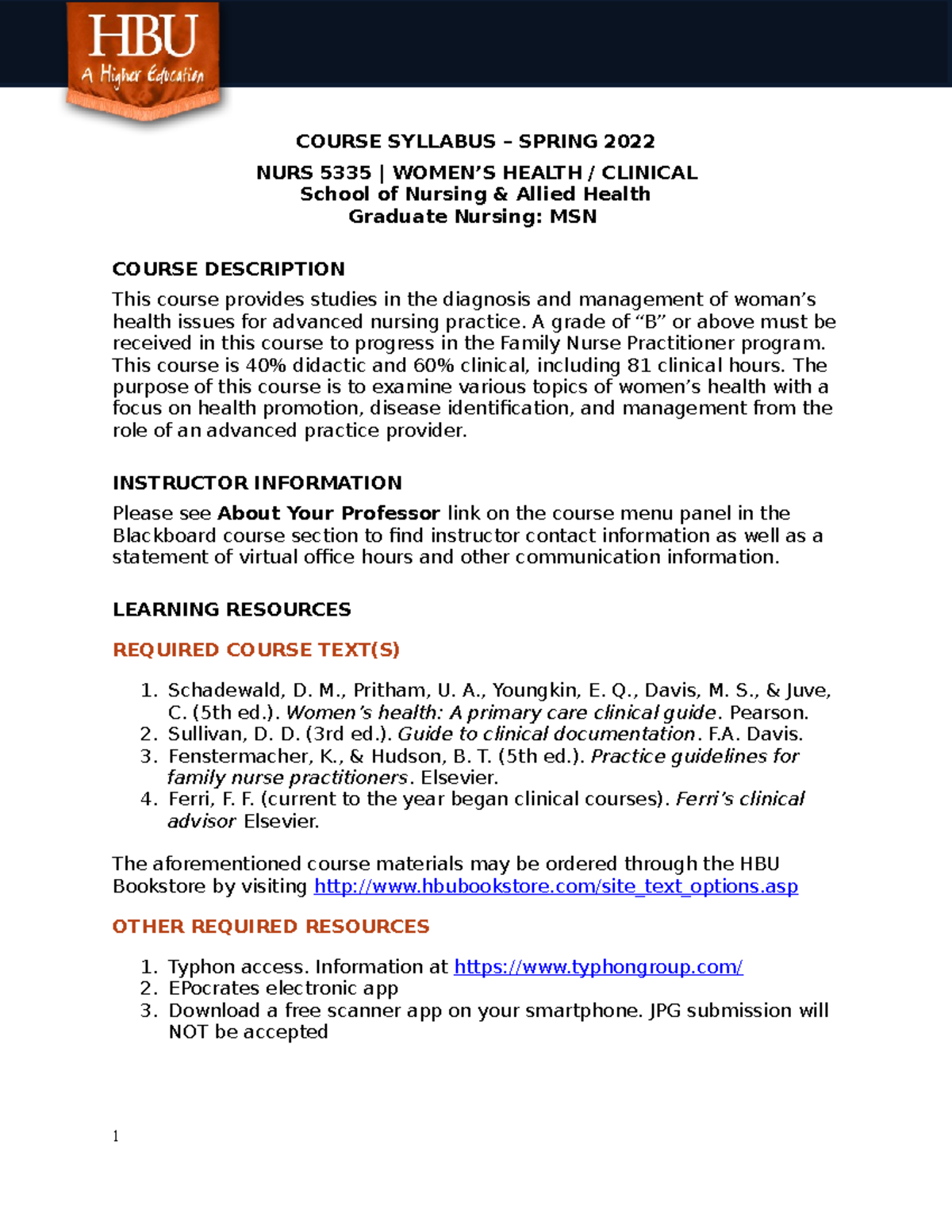 NURS 5335 Syllabus Women's Health Spring 2022 Final 1 - COURSE SYLLABUS ...