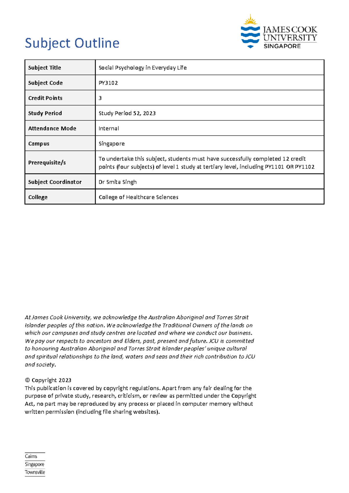 PY3102 Subject Outline SP52 2023 - Subject Outline Subject Title Social ...