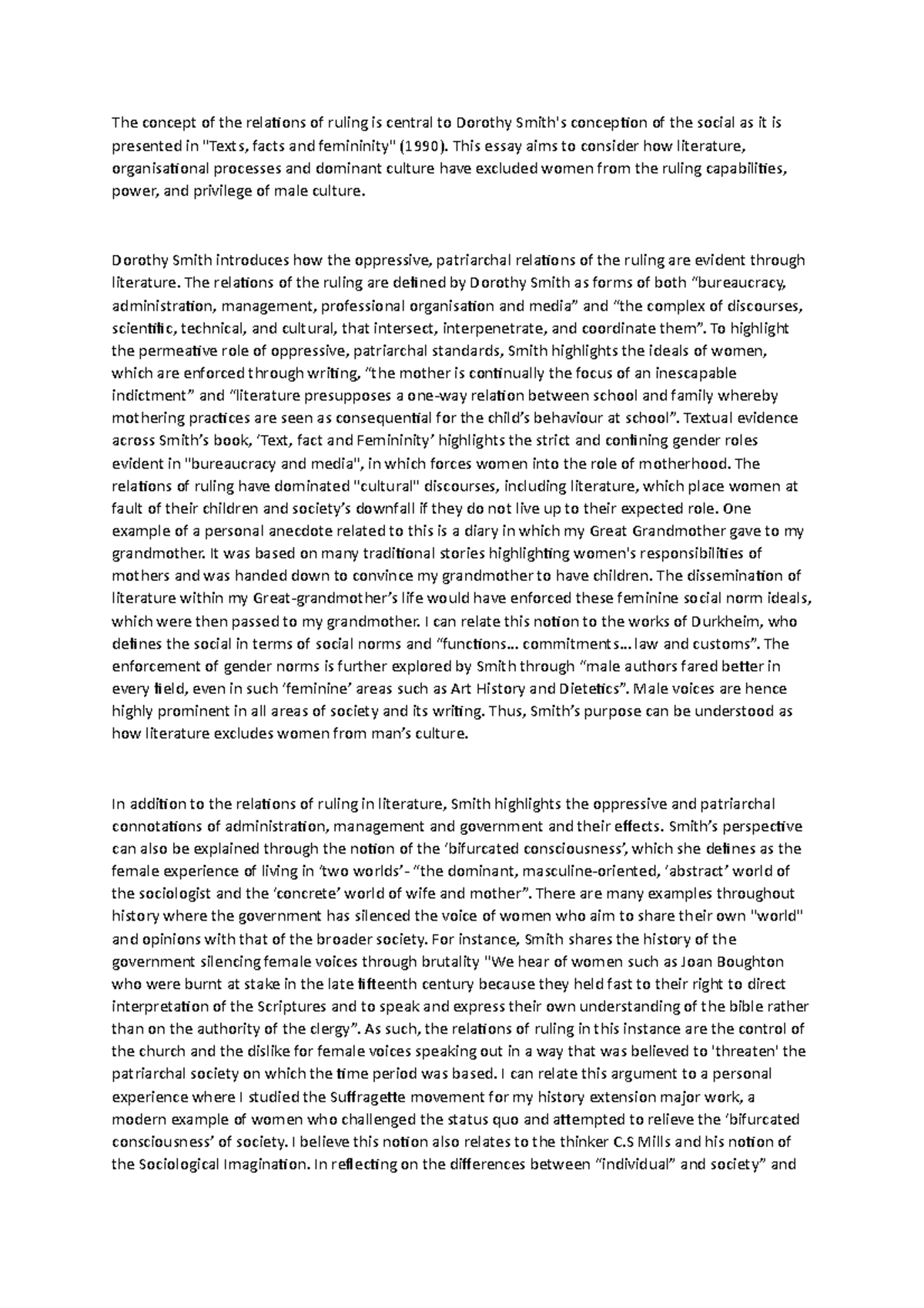 Written Essay - On Dorothy Smith. - The concept of the relations of ...
