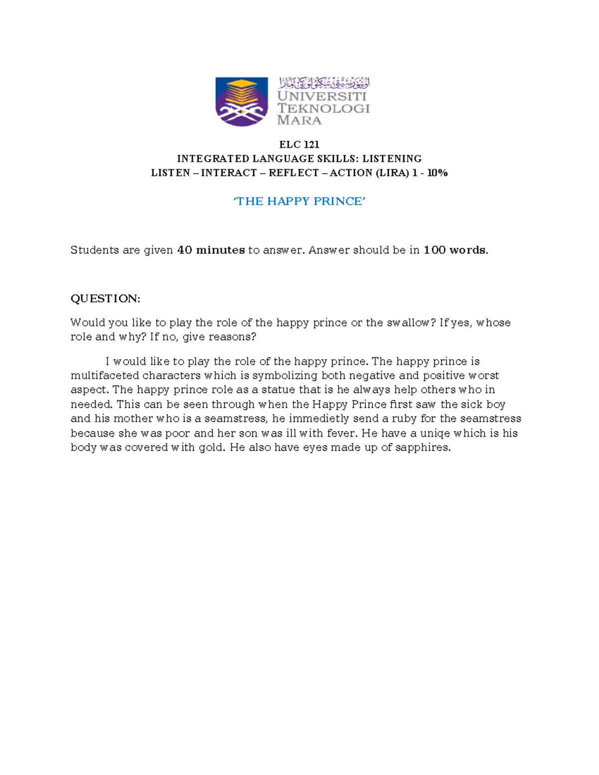 The Happy Prince - LIRA 1 OCT 2022 - ELC 121 INTEGRATED LANGUAGE SKILLS ...