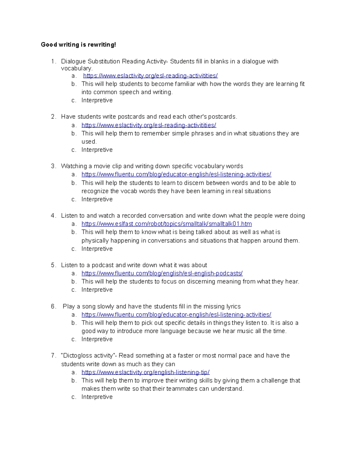 Writing activites - Activity ideas for ELLs - Good writing is rewriting ...
