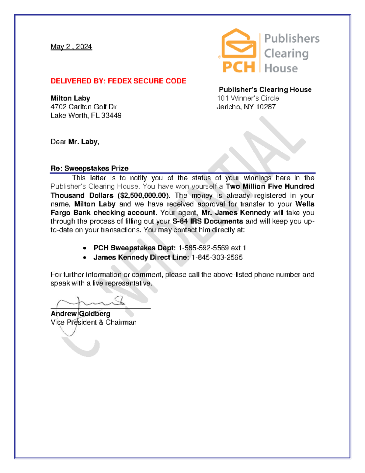 PCH Notification - May 2 , 2024 DELIVERED BY: FEDEX SECURE CODE ...
