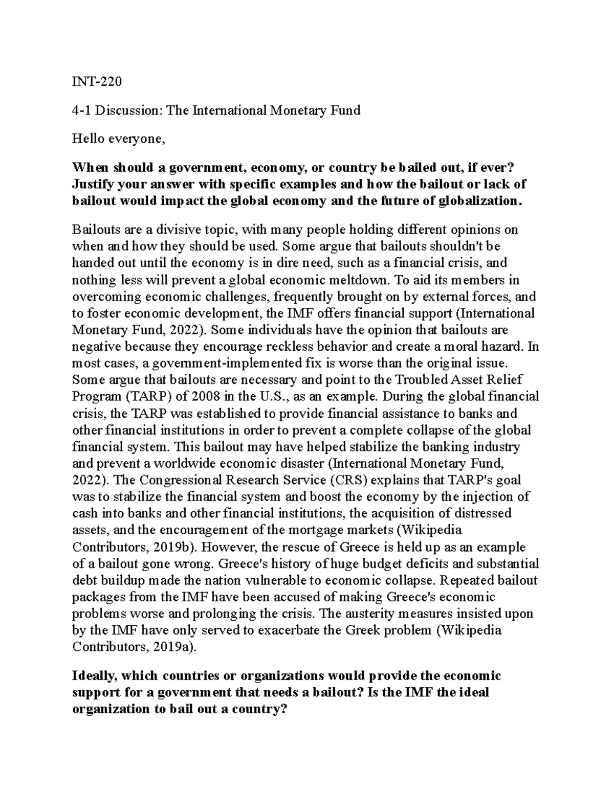INT-220 4-1 Discussion - The International Monetary Fund - INT- 4-1 Discussion: The ...
