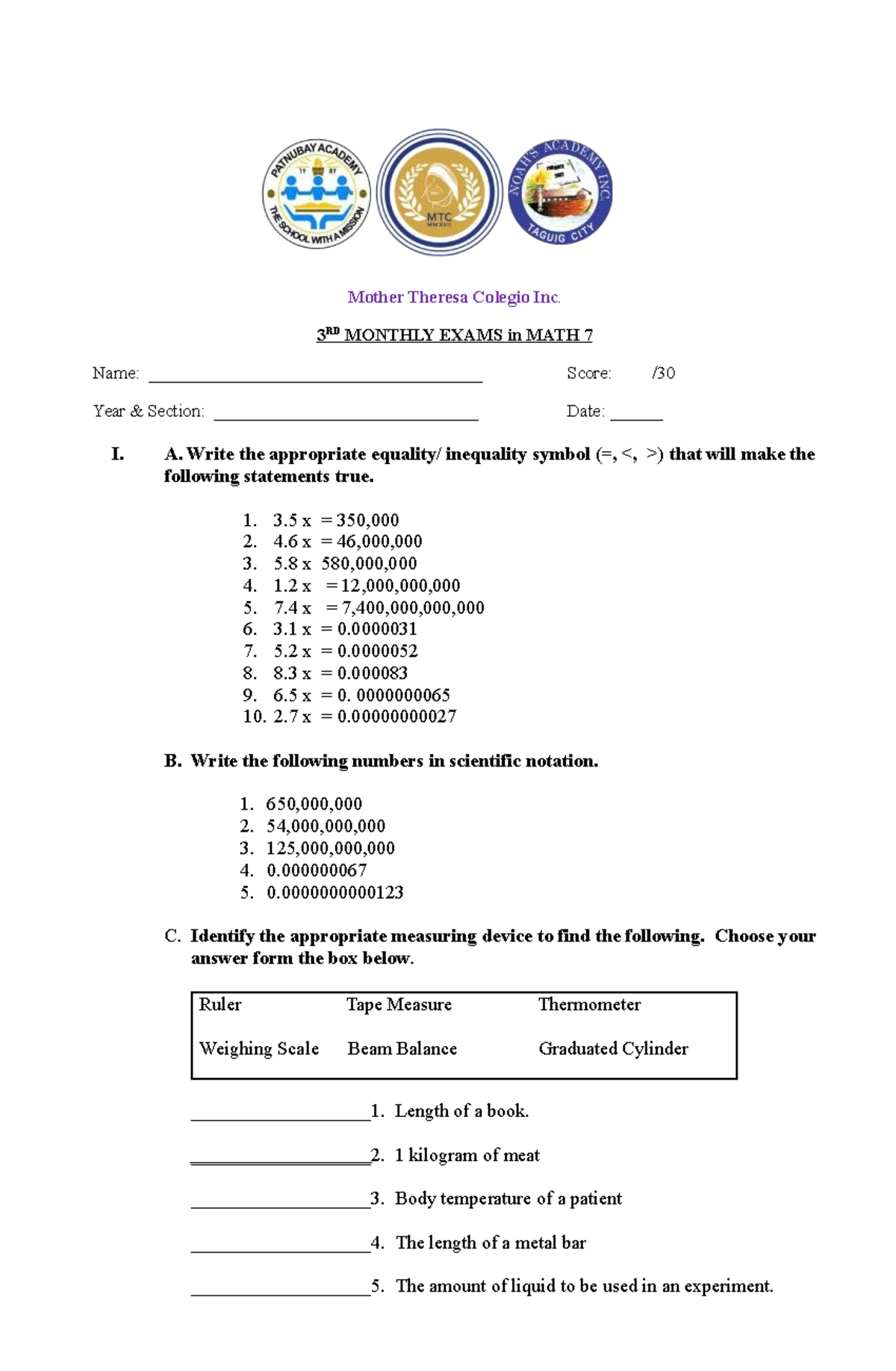 Grade 7 MATH 3rd - fgfgg - Mother Theresa Colegio Inc. 3 RD MONTHLY ...