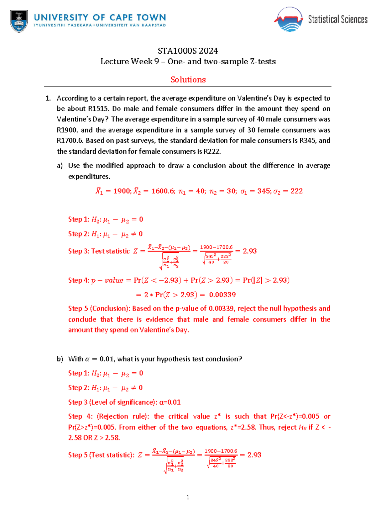 Lecture Week 9 STA1000S 2024 solutions - 1 STA1000S 2024 Lecture Week 9 – One- and two-sample ...