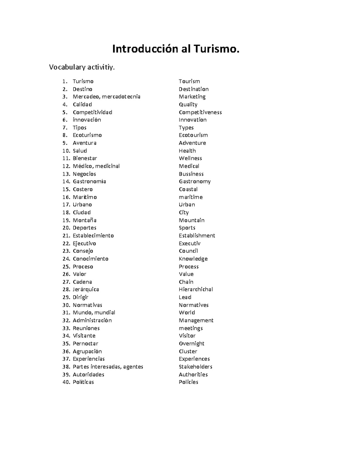 First Vocabulary 093627 - Introducción al Turismo. Vocabulary activitiy ...
