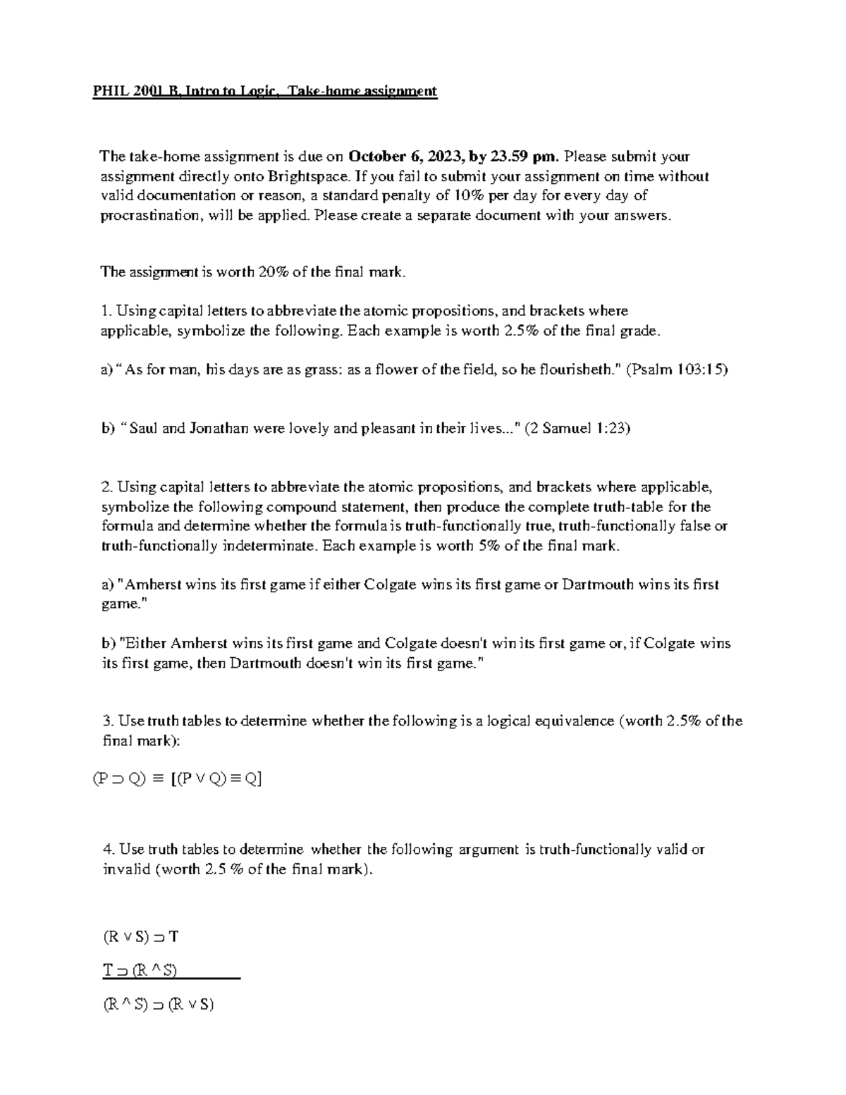Symbolic Logic Take-Home Assignment - PHIL 2001 B, Intro to Logic, Take ...
