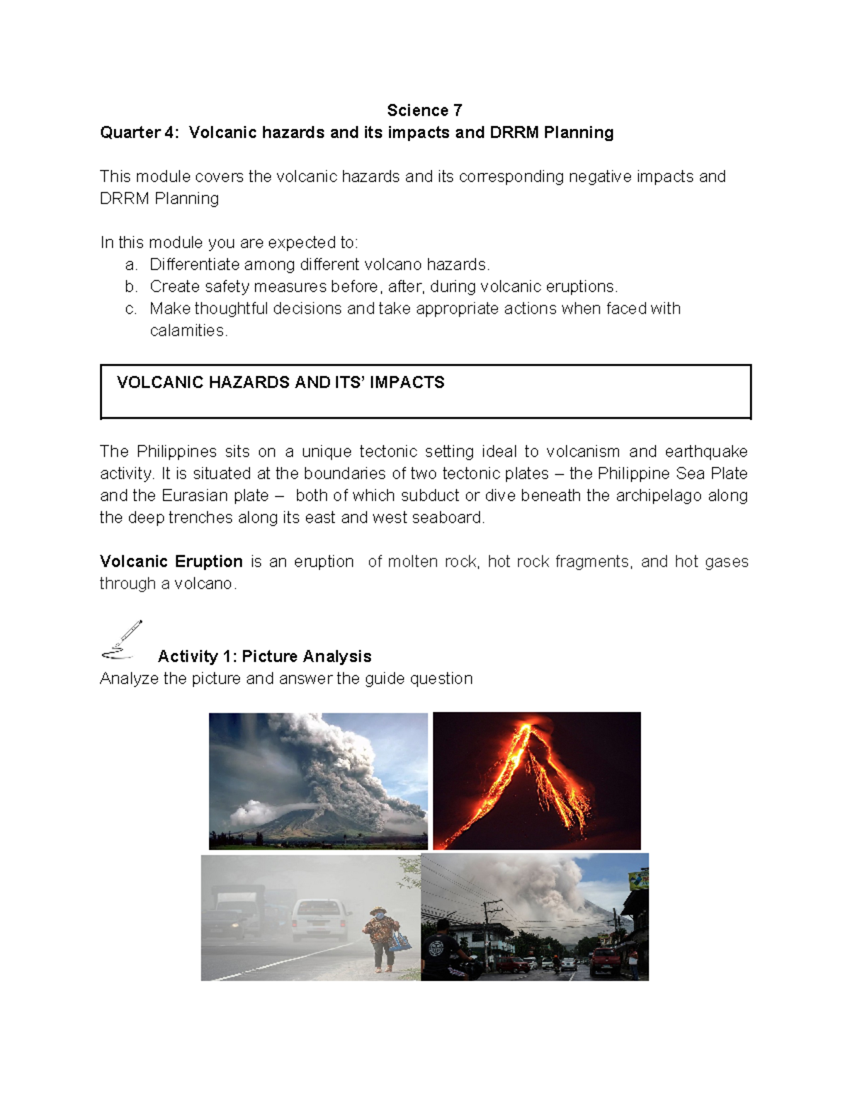 G7 Volcanic Hazards and Impacts and DRRM Plan notes and worksheet ...