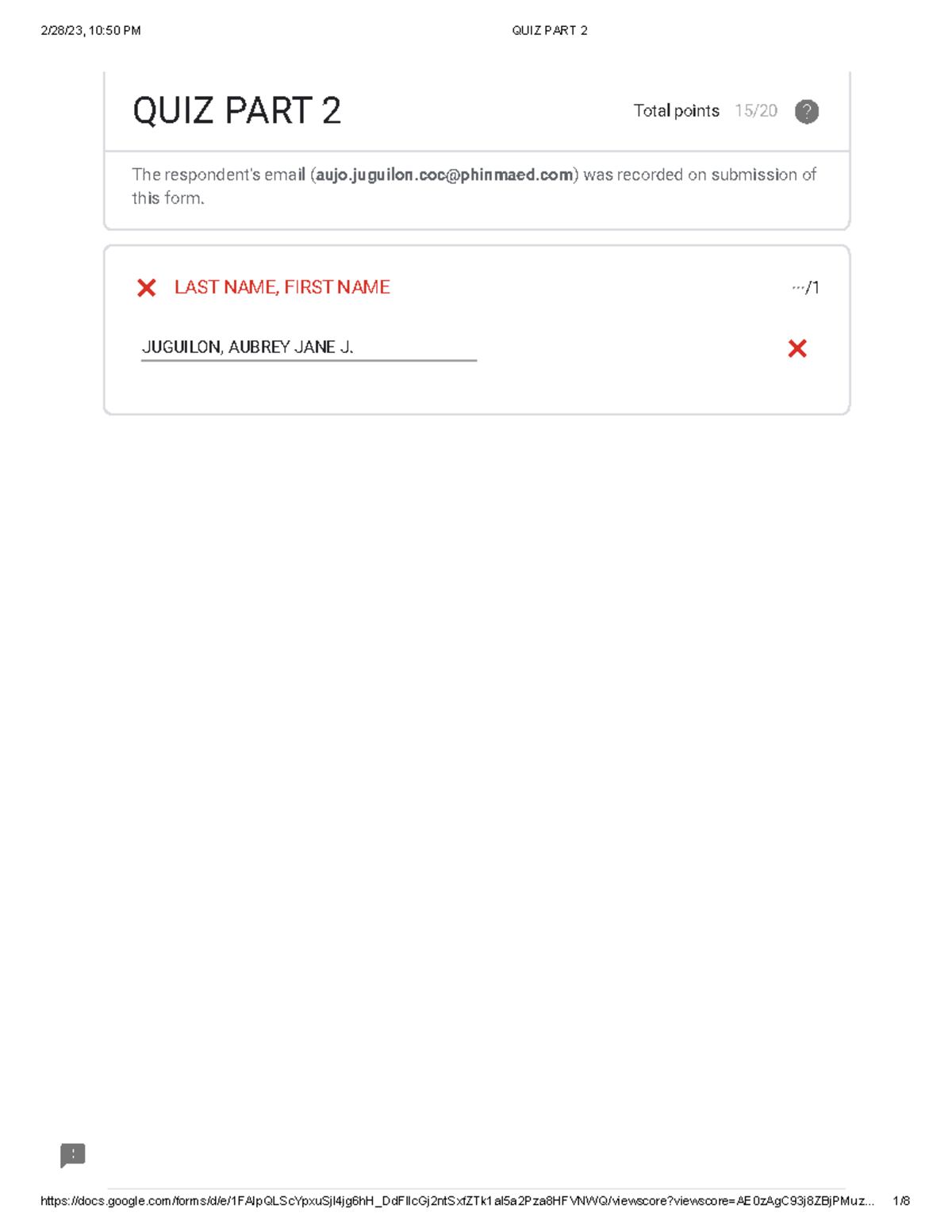 QUIZ PART 2 (answer key) - ···/ JUGUILON, AUBREY JANE J. QUIZ PART 2 ...