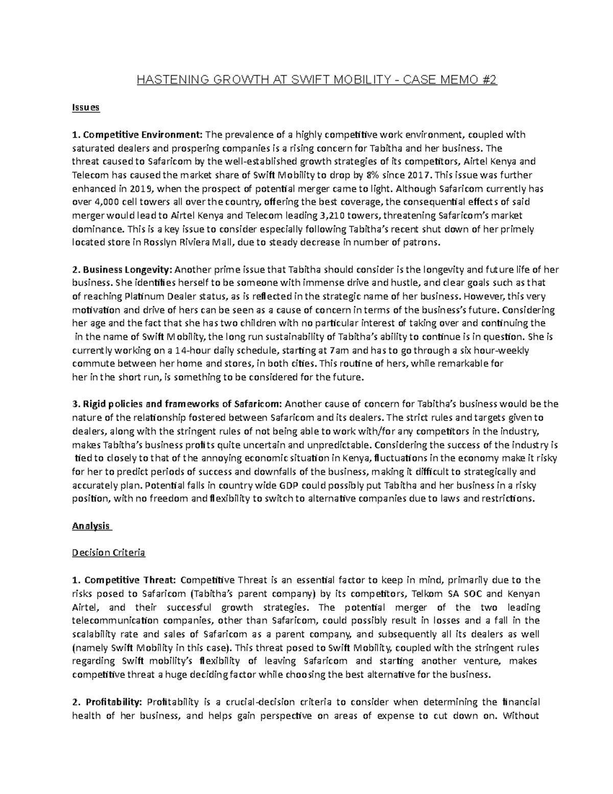 BUS217 - Case Memo Template - HASTENING GROWTH AT SWIFT MOBILITY - CASE ...