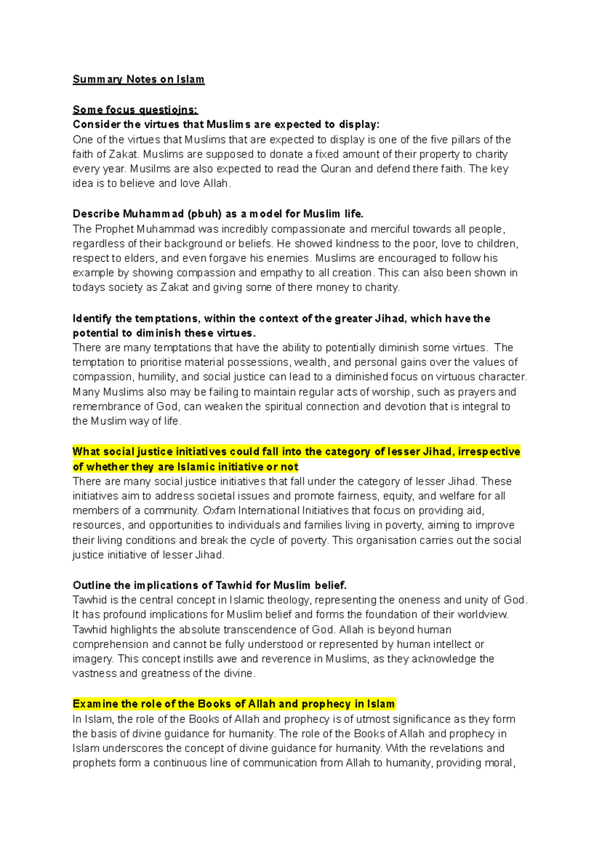 Summary Notes on Islam - Summary Notes on Islam Some focus questiojns ...
