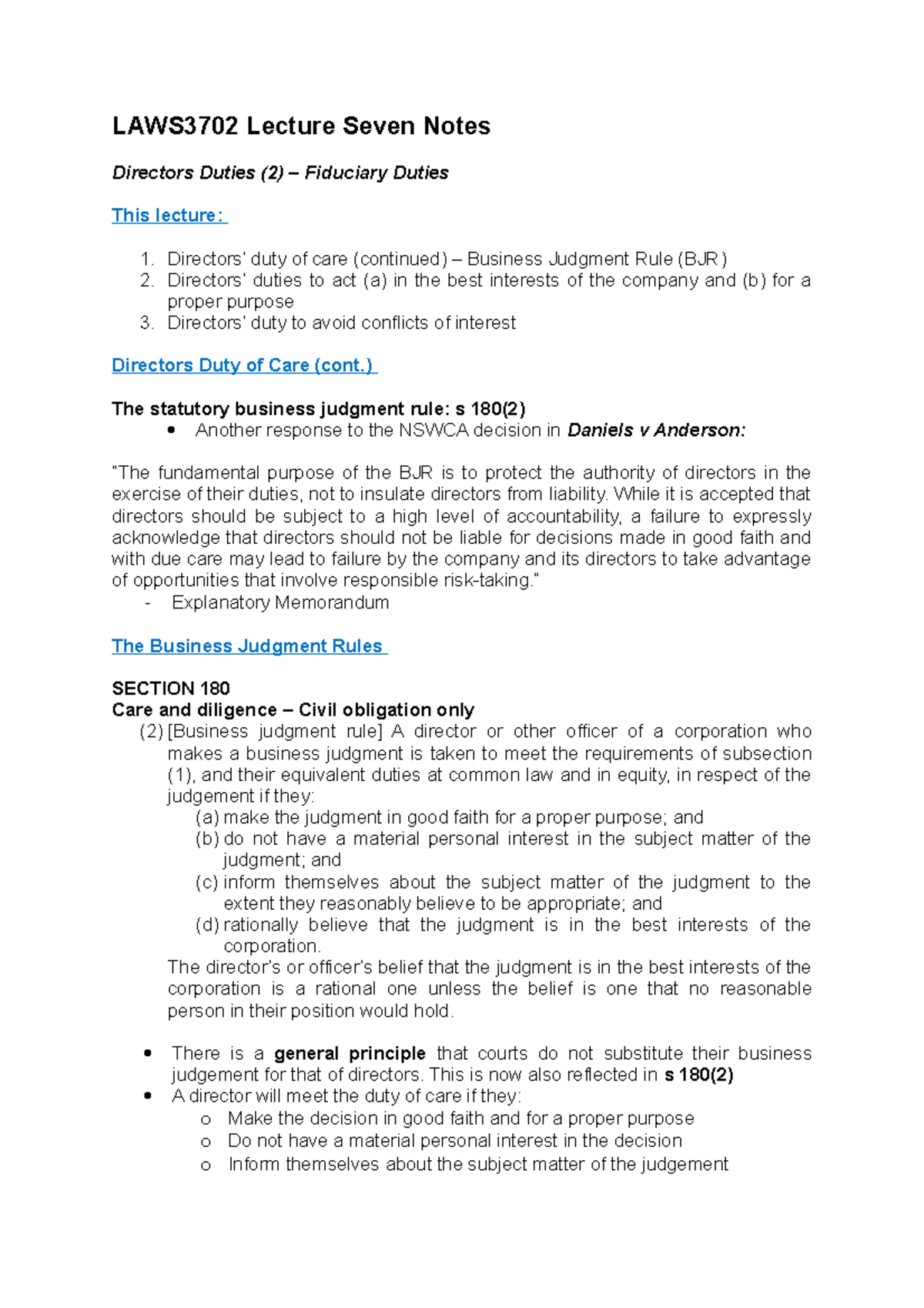 LAWS3702 Lecture Seven Notes - LAWS3702 Lecture Seven Notes Directors ...
