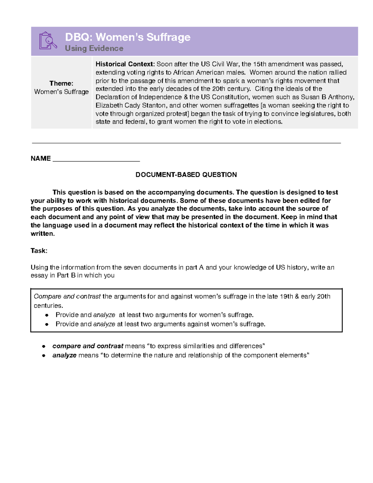 Hezekiah Dawkins - ( English) Document-based Essay: Women's Suffrage ...