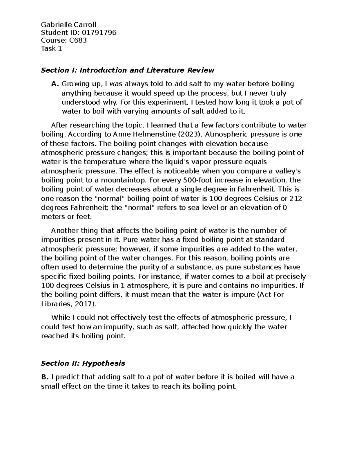 Task 1 - Science Lab - Student ID: 01791796 Course: C Task 1 Section I ...