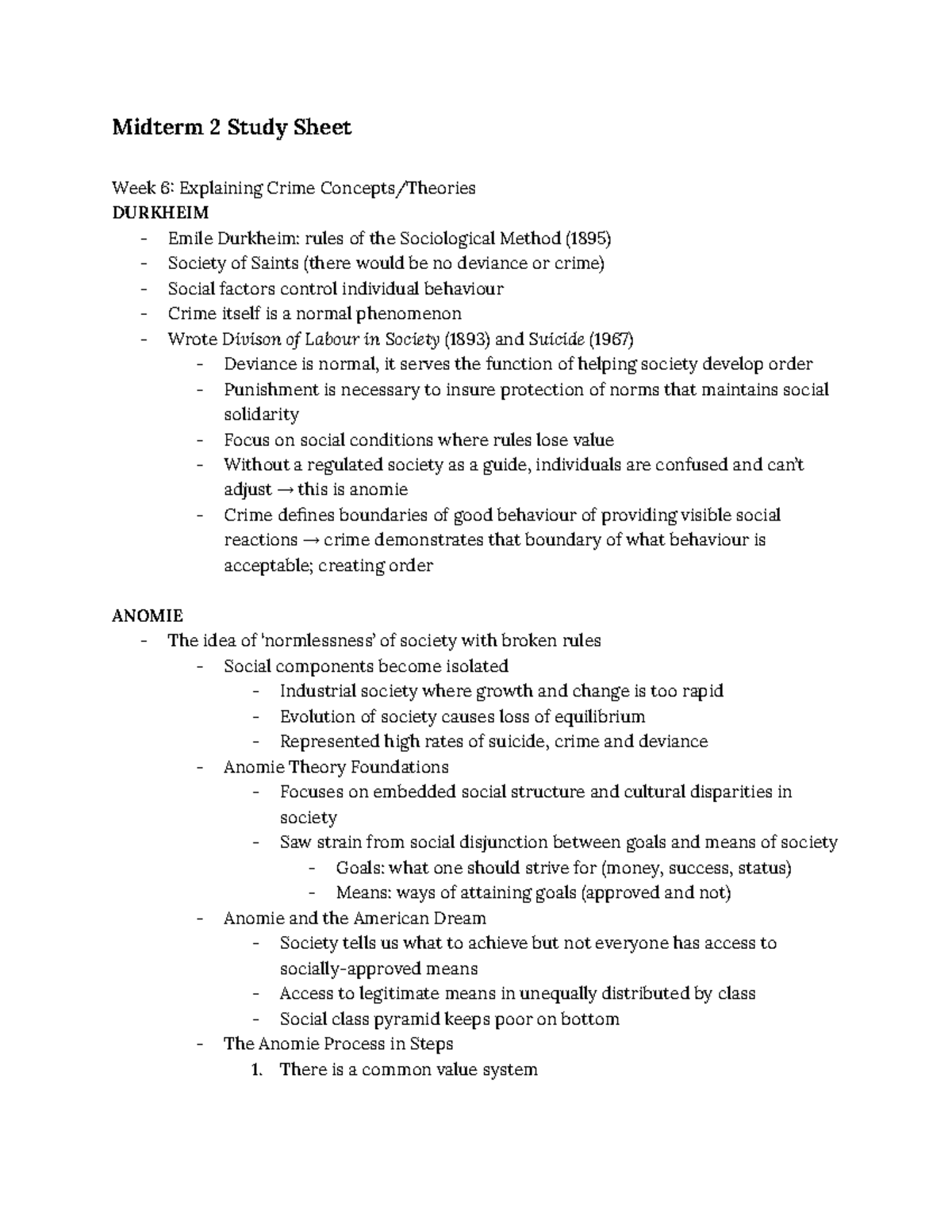 Midterm 2 Study Sheet - Midterm 2 Study Sheet Week 6 Explaining Crime Concepts/Theories DURKHEIM ...