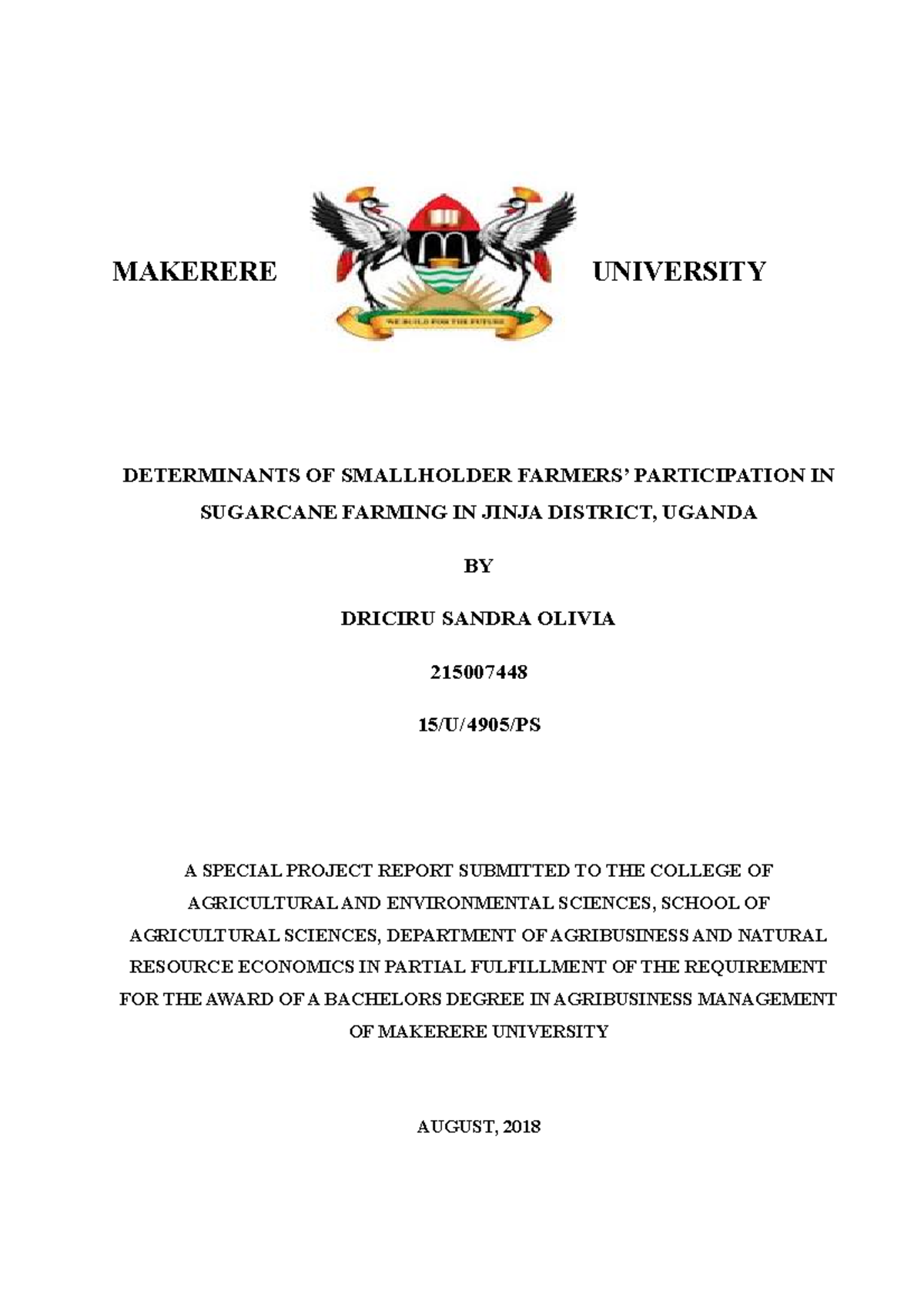 Final year report - MAKERERE UNIVERSITY DETERMINANTS OF SMALLHOLDER ...
