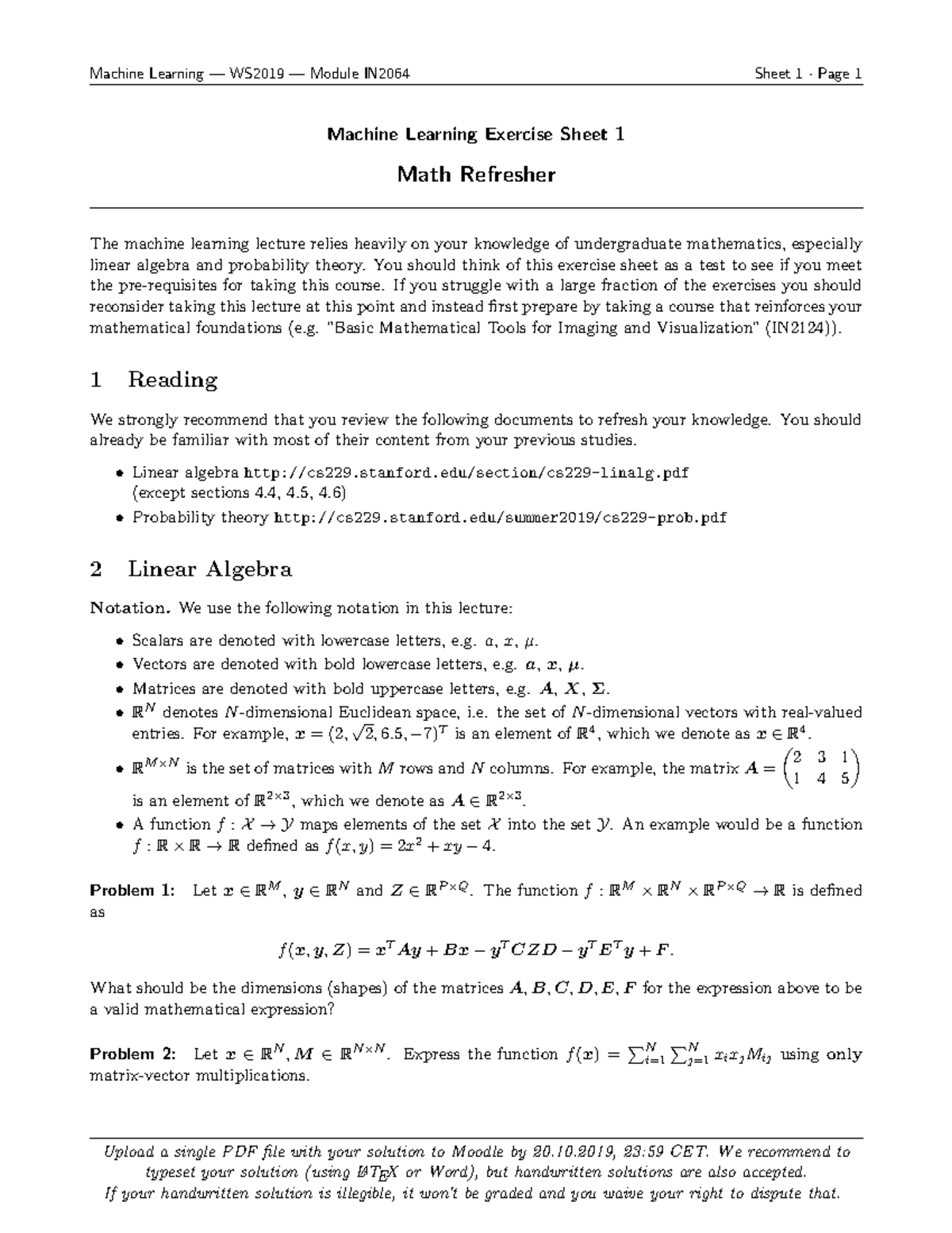 Exercise 01 math refresher - Machine Learning Exercise Sheet 1 Math ...