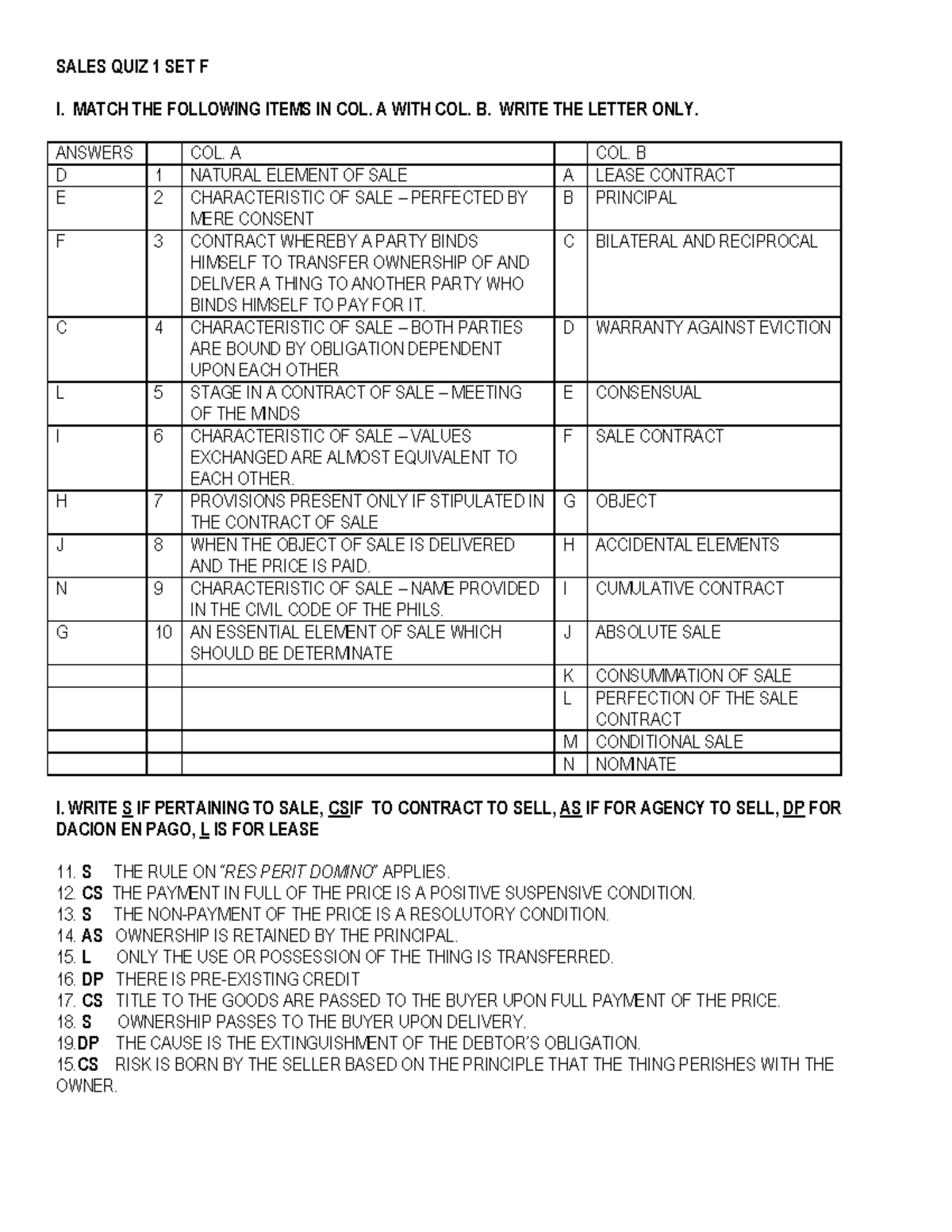 Sales Quizzes FOR Prelims - SALES QUIZ 1 SET F I. MATCH THE FOLLOWING ...