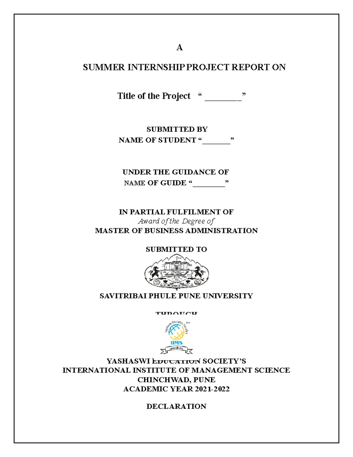 Format of SIP Report - jl;klm jog kjf fbg - A SUMMER INTERNSHIP PROJECT ...