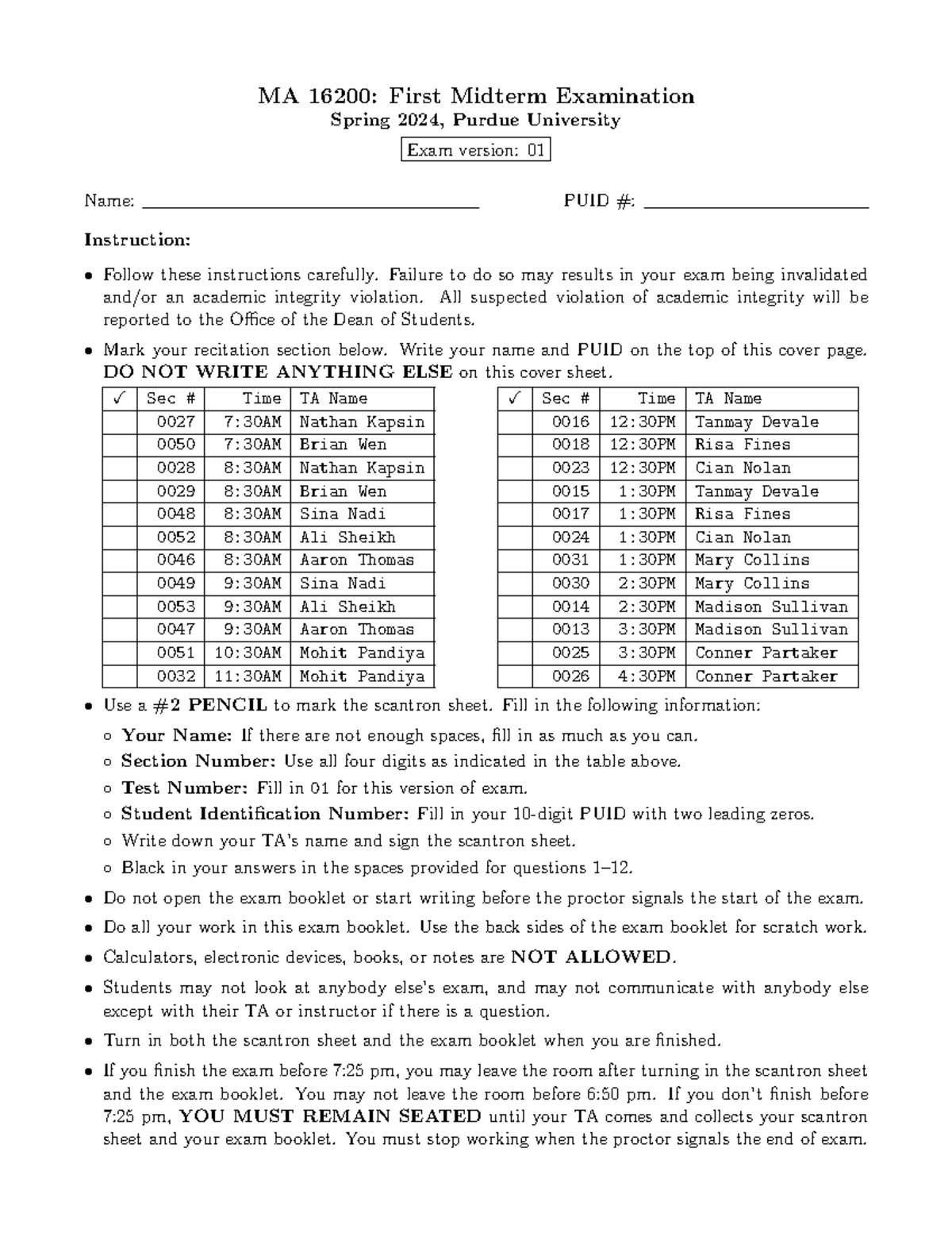 Ma162 midterm 1 s24 v1 keys - MA 16200: First Midterm Examination ...
