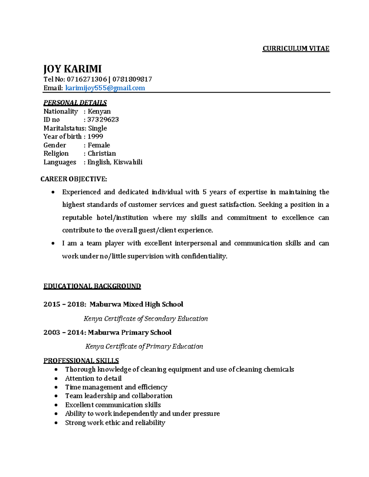 Curriculum Vitae 2023 Janitor - CURRICULUM VITAE JOY KARIMI Tel No ...