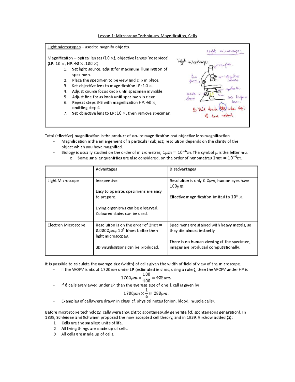 Biology class notes 1-6 edit - Lesson 1: Microscopy Techniques ...
