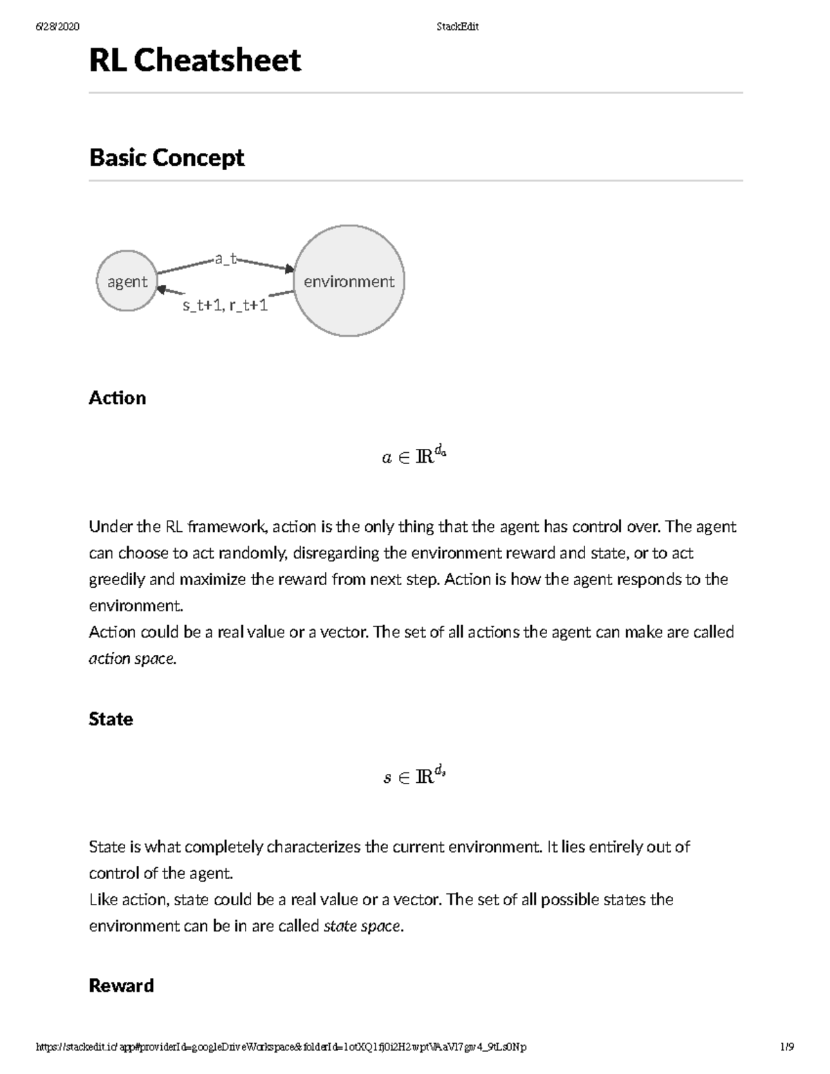 Reinforcement learning cheatsheets 1652947584 - RL Cheatsheet Basic Concept a_t s_t+1, r_t ...