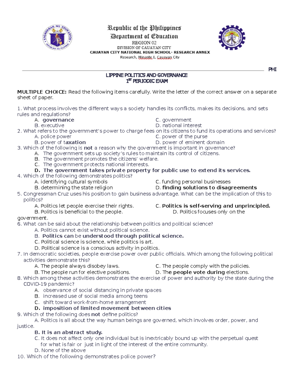 EXAM POL with Answer - PHI LIPPINE POLITICS AND GOVERNANCE 1 ST ...