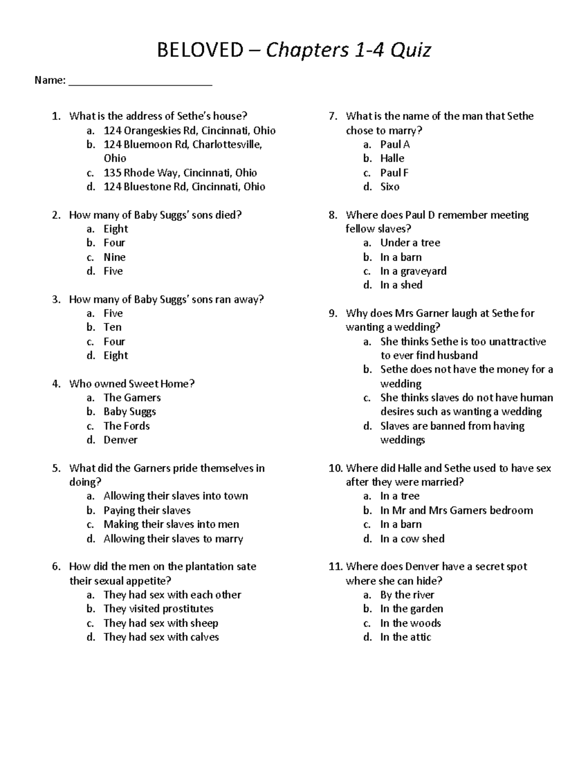 Beloved Quizzes Teachers Pay Teachers - BELOVED – Chapters 1- 4 Quiz ...