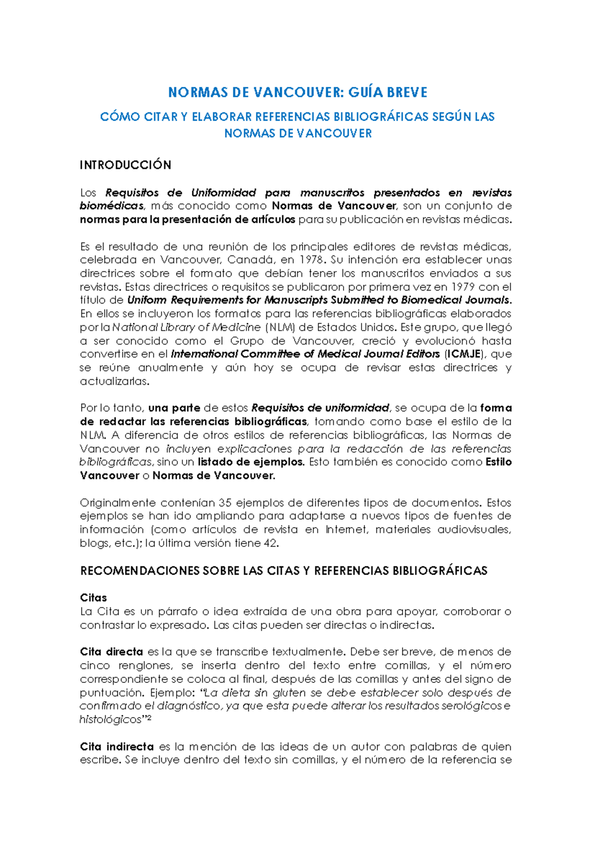 Normas Vancouver - GUÍA Breve - NORMAS DE VANCOUVER: GUÍA BREVE CÓMO CITAR Y ELABORAR ...