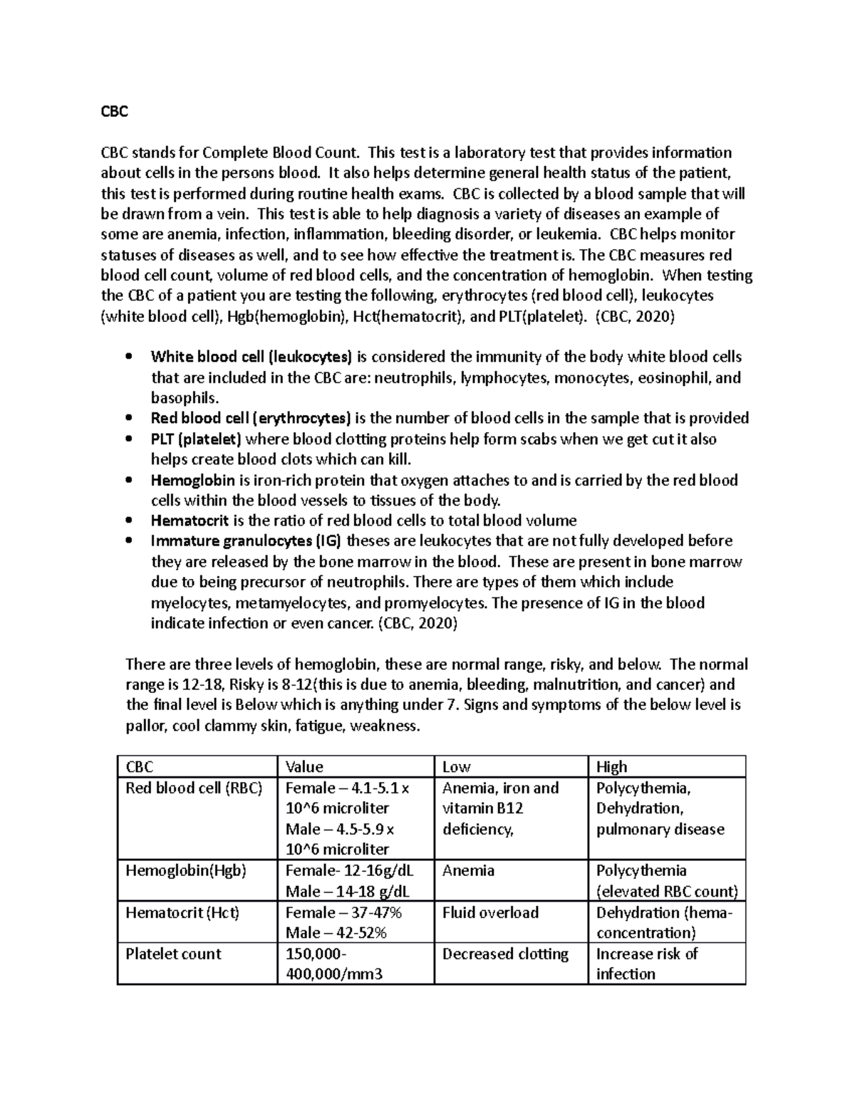 Cbcnote taking summaries - CBC CBC stands for Complete Blood Count ...