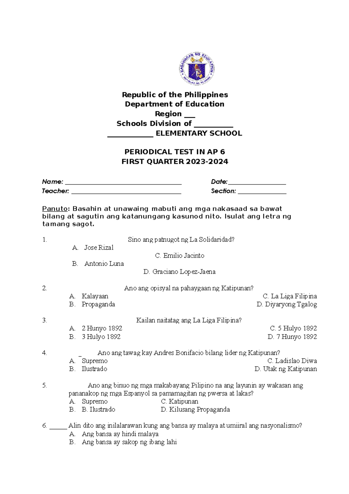 AP 6 Q1 PT - Republic of the Philippines Department of Education Region ...