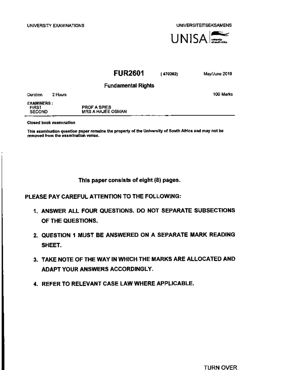 Exam 2019, questions - FUR2601 - Studocu