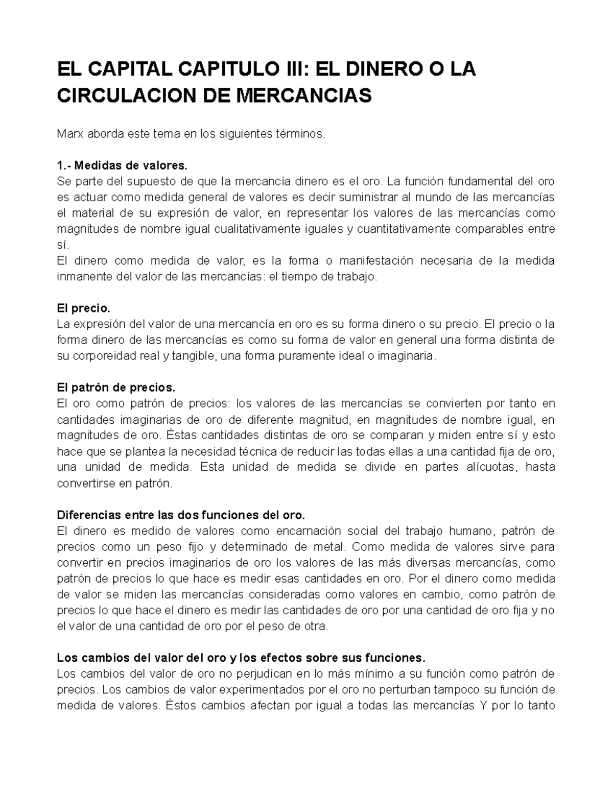EL Capital Capitulo III - EL CAPITAL CAPITULO III: EL DINERO O LA ...