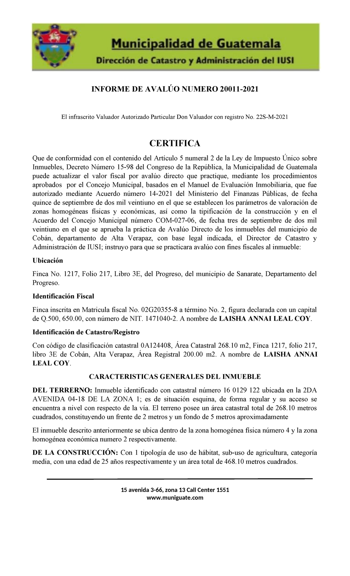 Certificacion Catastral Y DE Avaluo DE Bienes Inmuebles - INFORME DE ...